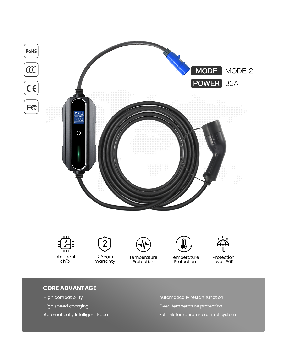 Portable EV Charger Mode2-Type2 AC EV charging 6-16A Adjustment current ...